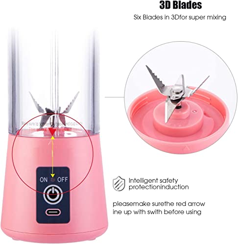 Tianmingwei Portable Blender USB Personal Juicer Cup 6 Blades Rechargeable Fruit Mixing Machine For Baby Travel 380ml[New Version] (Pink)