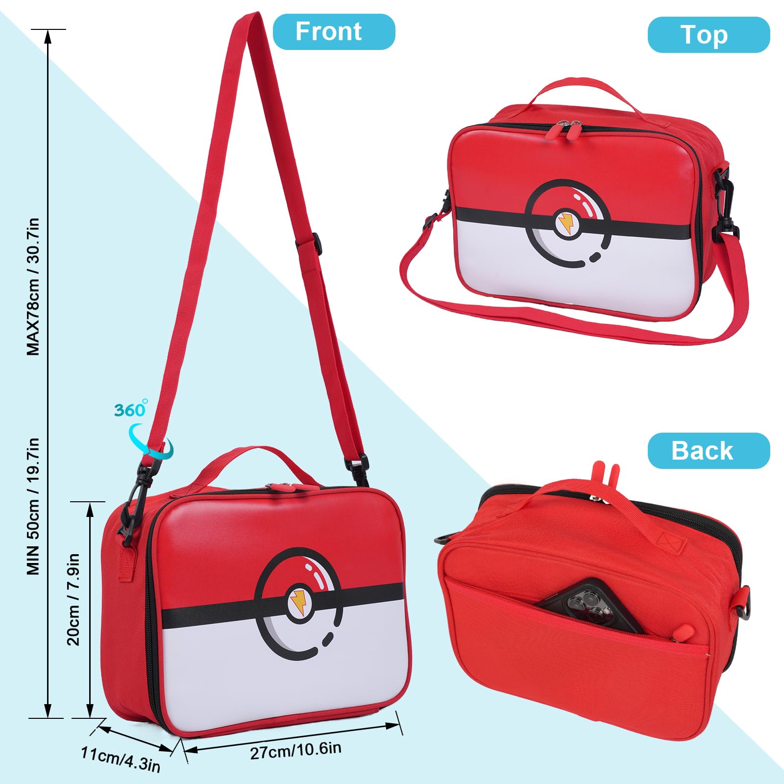 Insulated Lunch Bag for Boys/Girls/Kids, Reusable Cooler Bags for School/Picnic/Travel, White Red Adjustable Shoulder Strap Lunchbox