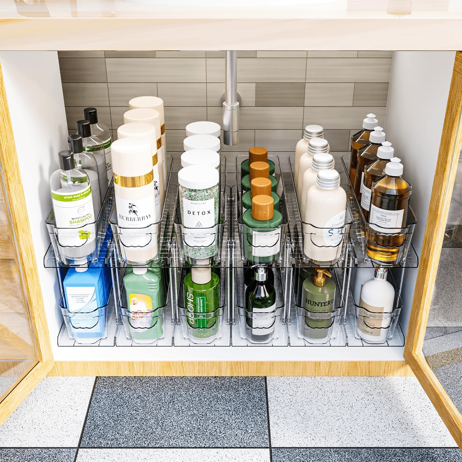 14.8" Deep 2 Tier Bathroom Storage Organizer, 4 Pack Clear Under Sink Organizers Vanity Countertop Storage Container, Medicine Cabinet Drawers Bins, Pull-Out Organization with Track for Pantry,Kitchen