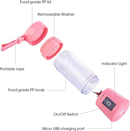 Tianmingwei Portable Blender USB Personal Juicer Cup 6 Blades Rechargeable Fruit Mixing Machine For Baby Travel 380ml[New Version] (Pink)