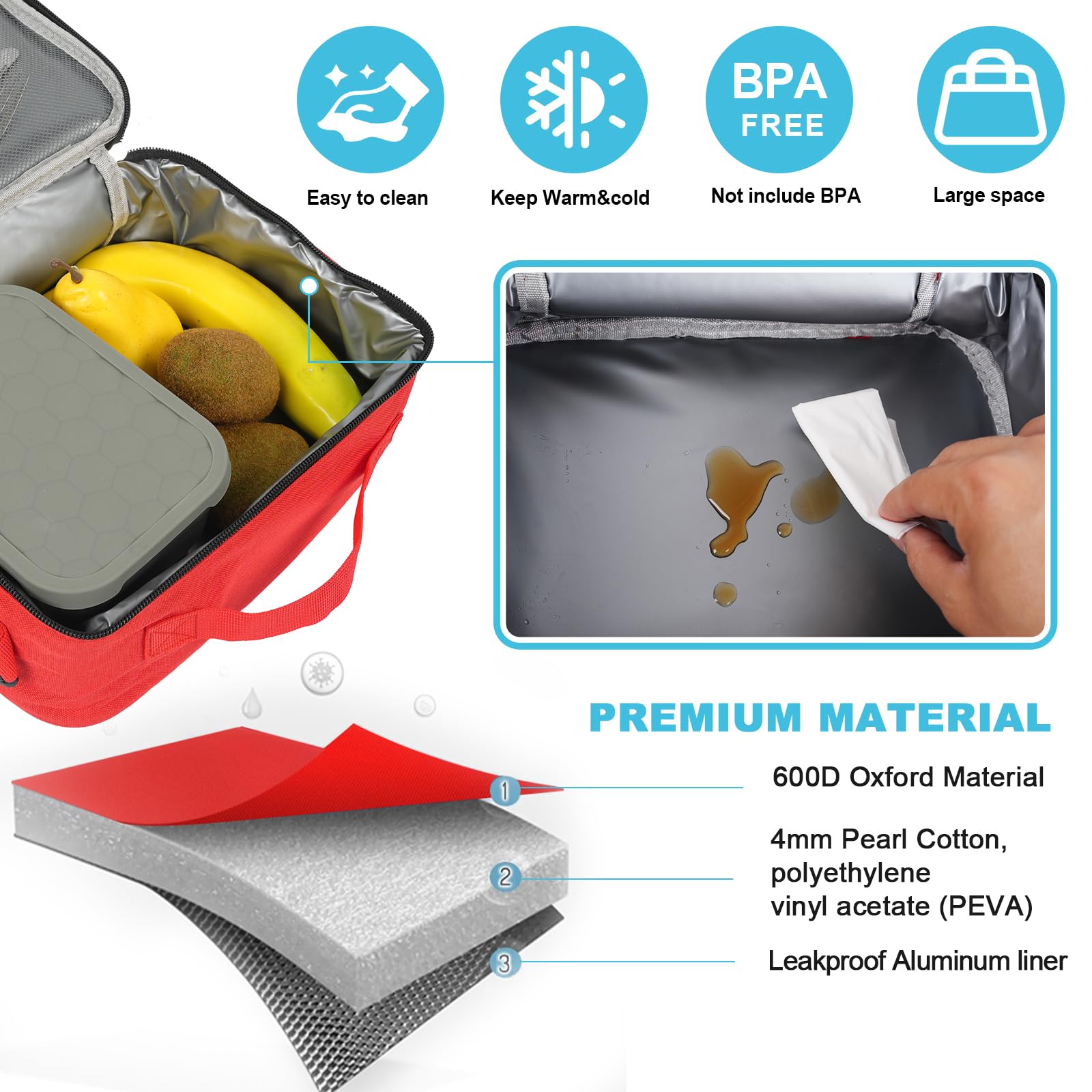 Insulated Lunch Bag for Boys/Girls/Kids, Reusable Cooler Bags for School/Picnic/Travel, White Red Adjustable Shoulder Strap Lunchbox