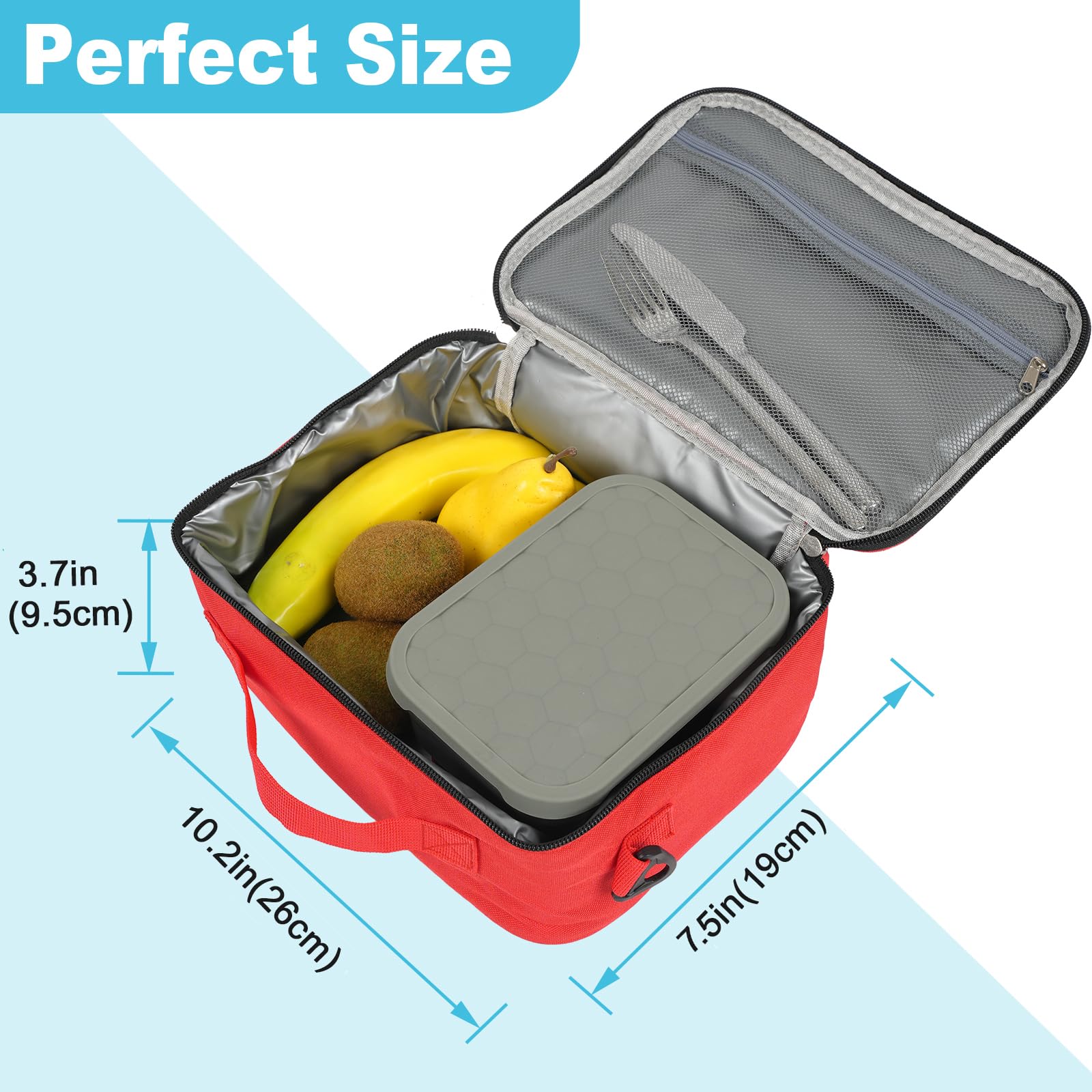Insulated Lunch Bag for Boys/Girls/Kids, Reusable Cooler Bags for School/Picnic/Travel, White Red Adjustable Shoulder Strap Lunchbox