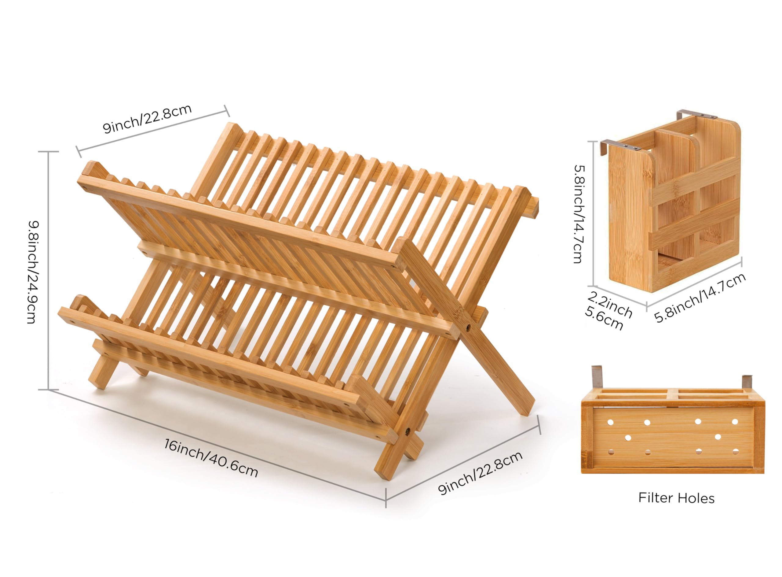 Oyydecor Bamboo Dish Drying Rack with Utensil Holder, 2 Tier Collapsible Dish Rack for Kitchen Counter, Large Folding Drying Holder, Dish Drainer, Kitchen Organizers and Storage