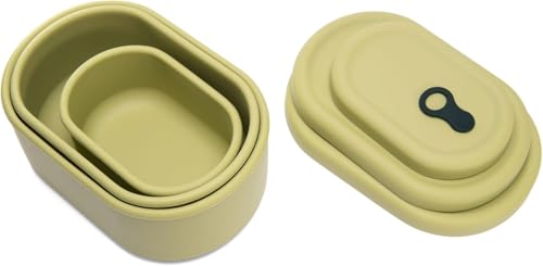 Lagomian Made in Korea, Set of 3 Nesting Hard-Shell Silicone Food Storage Containers | BPA Free, Airtight, Microwave, Dishwasher, Freezer Safe - Bento Lunch Box (Olive)
