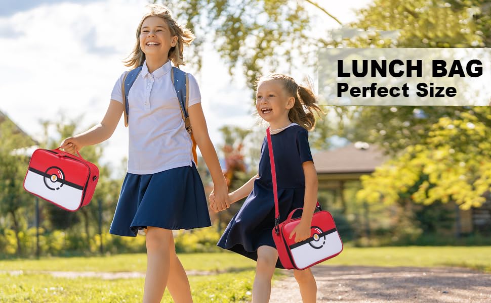 Insulated Lunch Bag for Boys/Girls/Kids, Reusable Cooler Bags for School/Picnic/Travel, White Red Adjustable Shoulder Strap Lunchbox