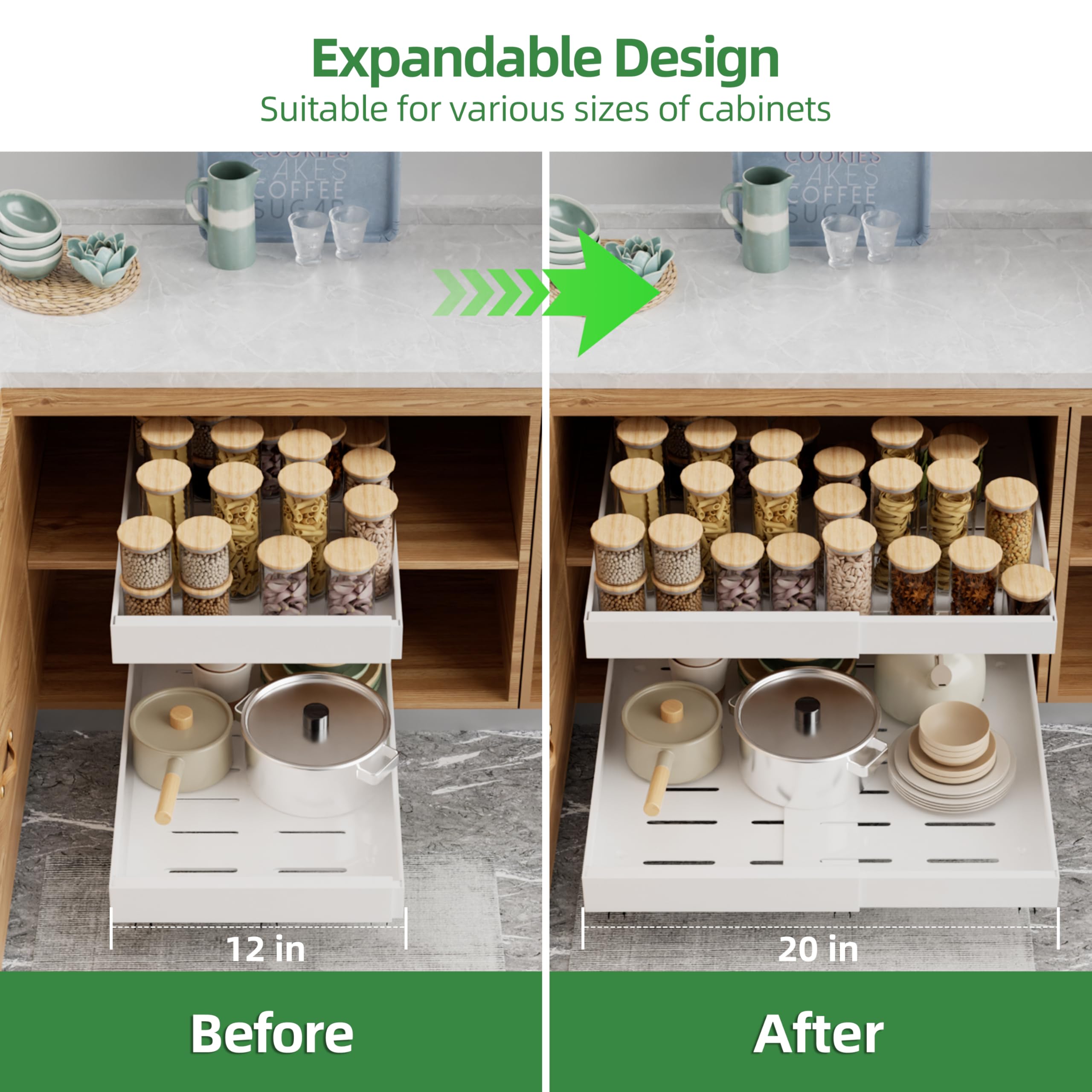 ALANSON 2 Pack Pull Out Cabinet Organizer 21 inch Deep,Expandable Pull out Drawers for Cabinets Adhesive with Film, No Drill Slide Out Drawers for Kitchen Cabinets