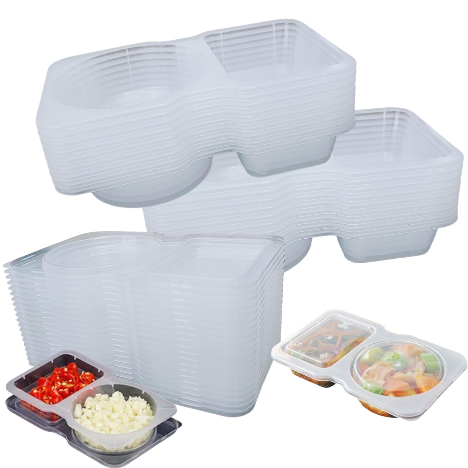 HNOYGNU 20 Sets Double Compartment Condiment Containers with lids,2 Compartment Snack Containers Snack Disposable Plastic Dip Container Snack Container for Takeaway Sauces, Dips and Travelling Snacks