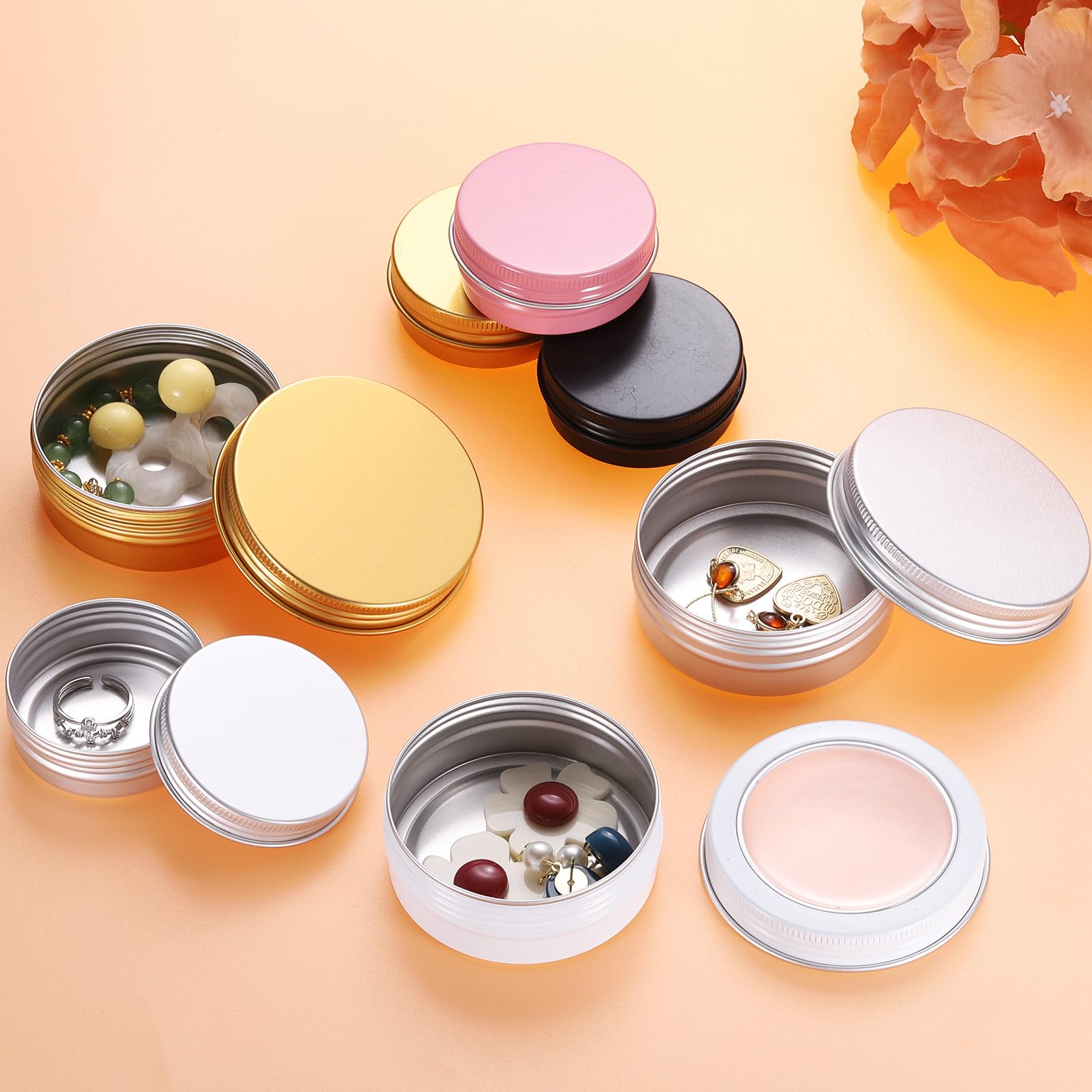 uxcell 2 Oz Tin Cans, 48 Pcs Aluminum Round Tins, Travel Sized Small Metal Tins Cosmetic Sample Containers with Screw Lid for Lotion Bars Beard Balms Candles, Gold