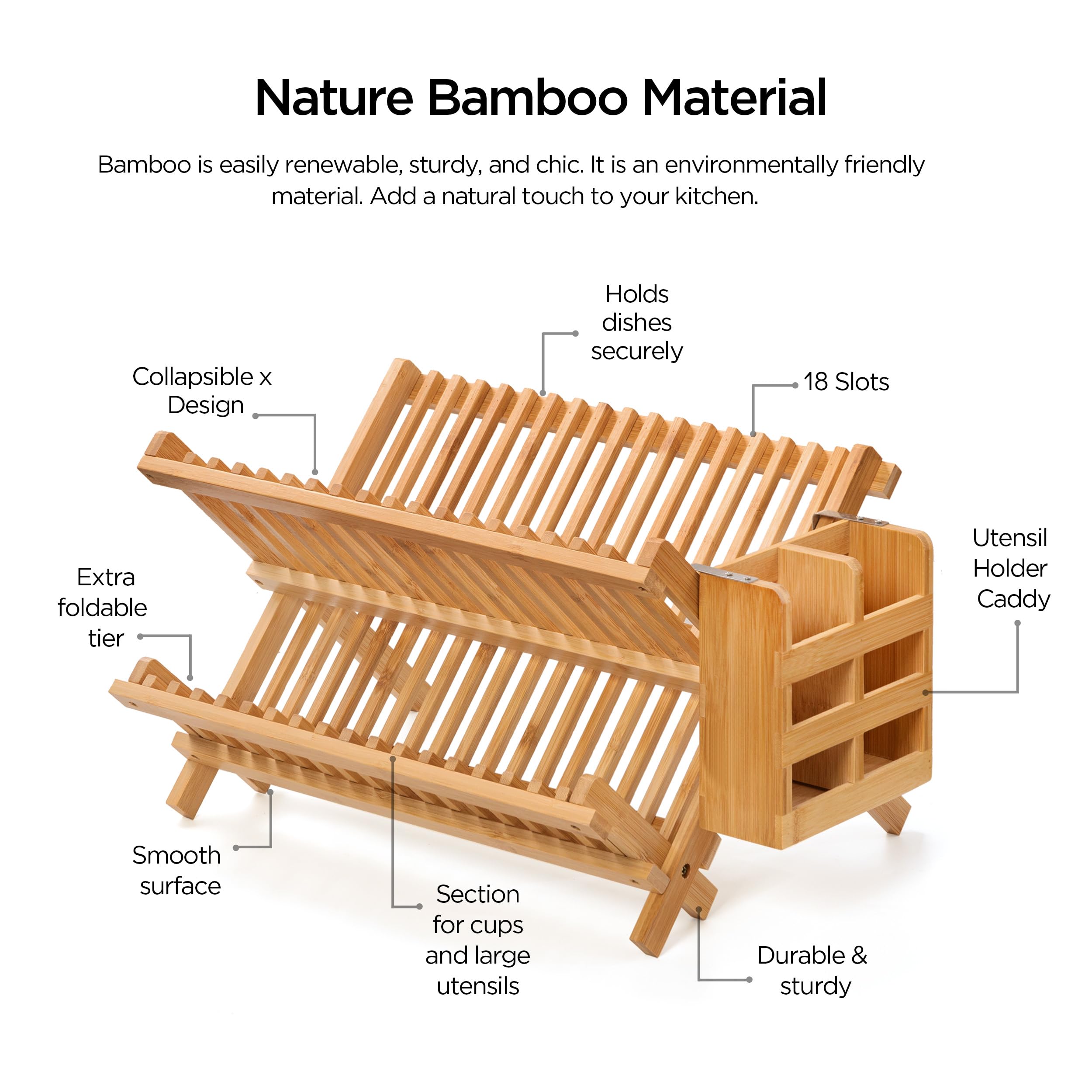 Oyydecor Bamboo Dish Drying Rack with Utensil Holder, 2 Tier Collapsible Dish Rack for Kitchen Counter, Large Folding Drying Holder, Dish Drainer, Kitchen Organizers and Storage