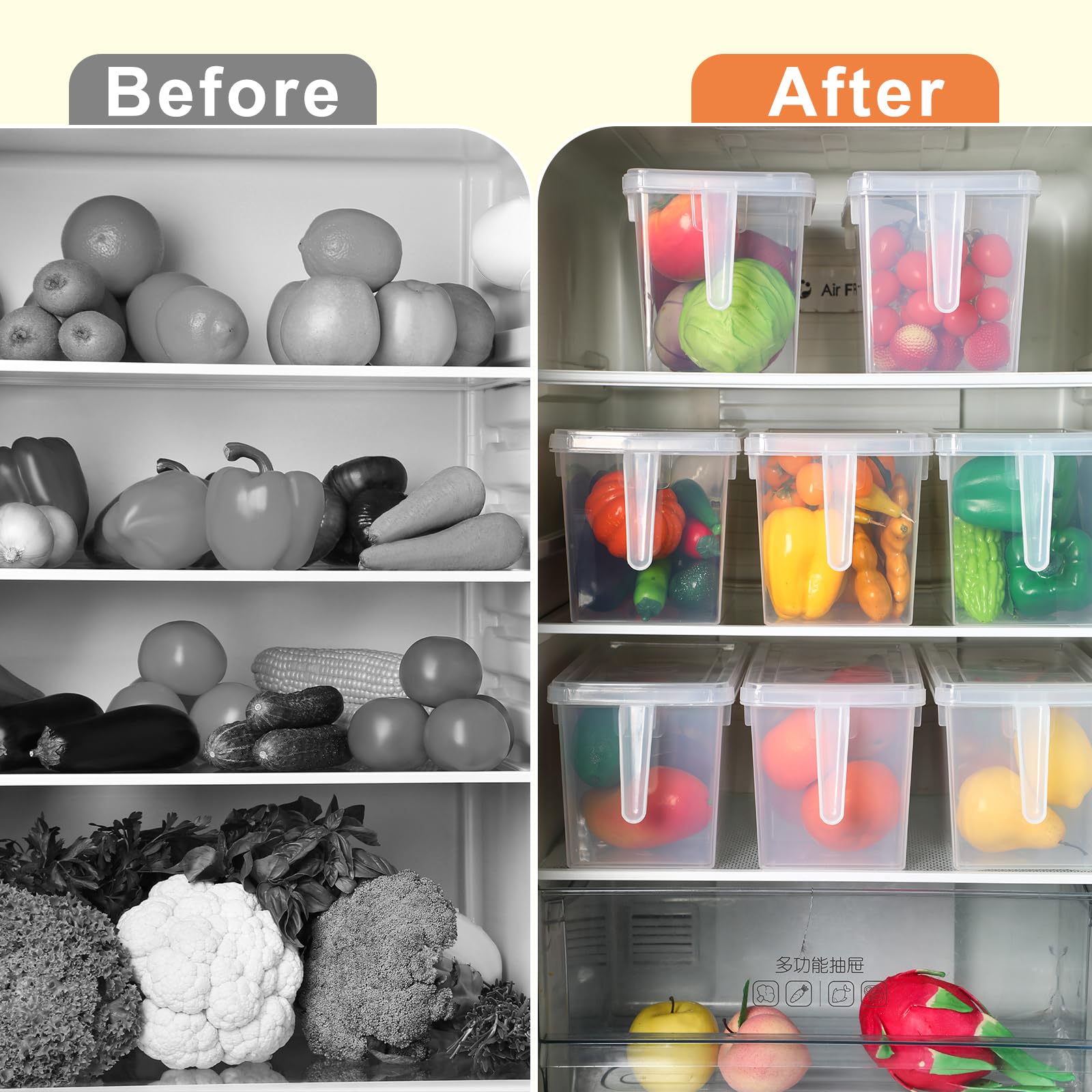 Quzzil 8 Pcs Fridge Organizer Refrigerator Organizer Bins with Lids and Handle Clear Fruit Storage Containers for Fridge Vegetable, Egg, Meat (Divided and Normal Style)