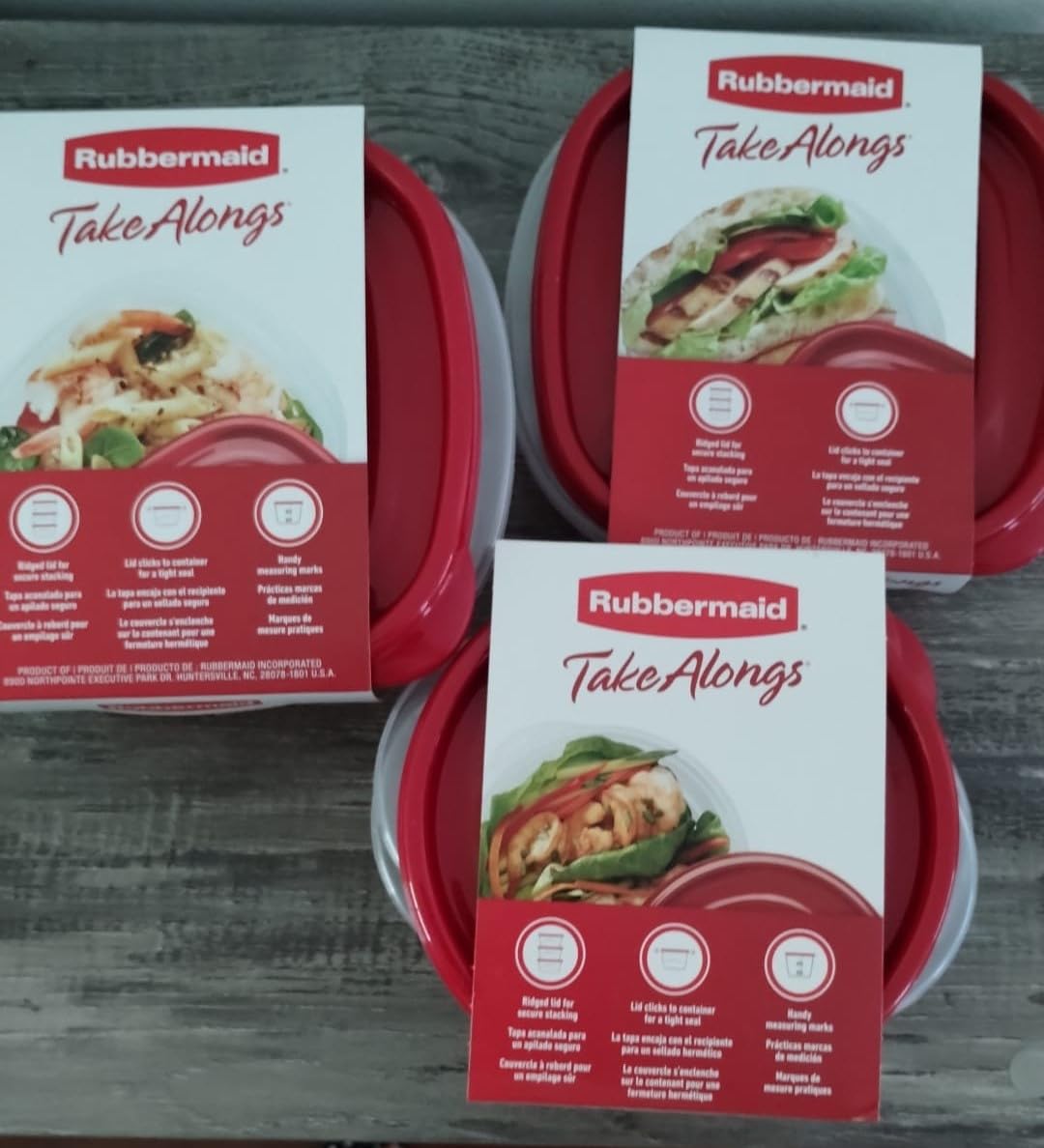 Rubbermaid food storage containers, 6 pack: 2 round 3.2 cups, 2 square 2.9 cups, 2 square 5.2 cups.