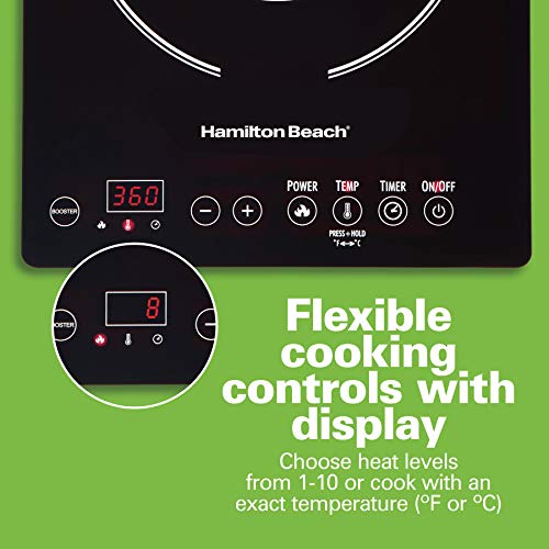 Hamilton Beach Portable Single Induction Cooktop Countertop Burner Hot Plate with Fast Heating Mode, 1800 Watts, 10 Temperature Settings up to 450F, Black (34104)