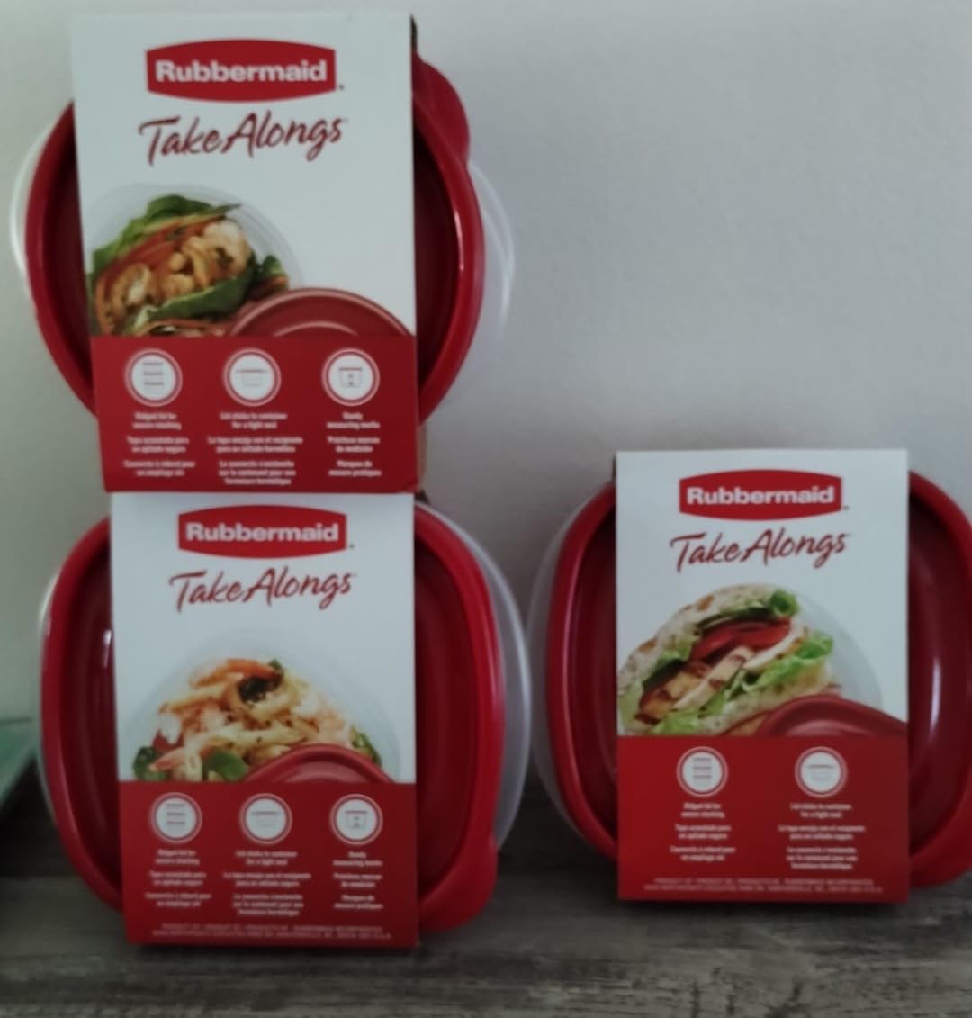 Rubbermaid food storage containers, 6 pack: 2 round 3.2 cups, 2 square 2.9 cups, 2 square 5.2 cups.