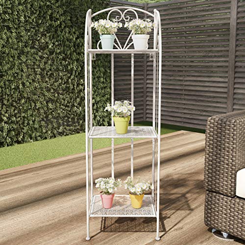 Pure Garden Plant Stand โ 3-Tier Vertical Shelf Indoor or Outdoor Folding Wrought Iron Home Garden Display with Laser Cut Shelves (Antique White)