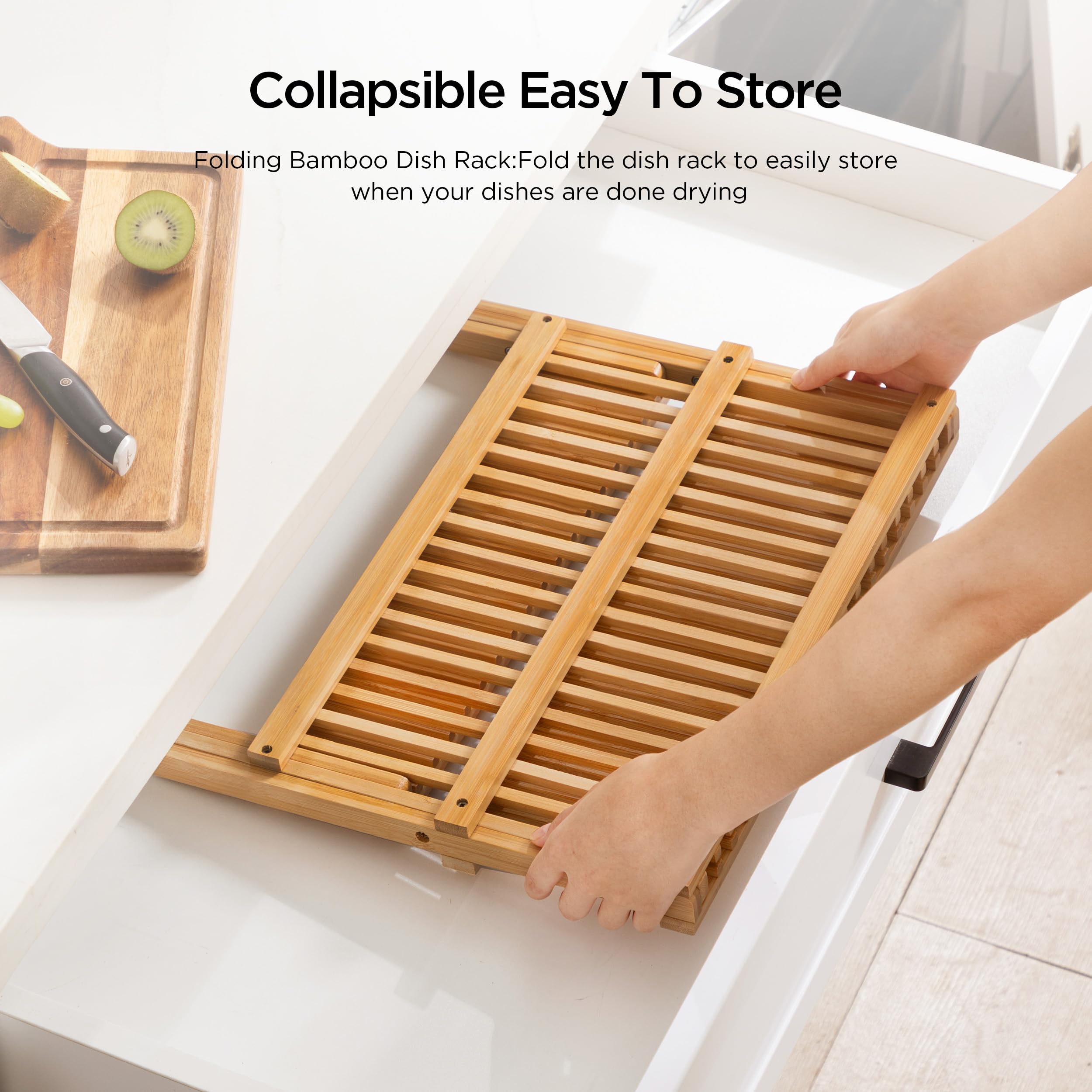 Oyydecor Bamboo Dish Drying Rack with Utensil Holder, 2 Tier Collapsible Dish Rack for Kitchen Counter, Large Folding Drying Holder, Dish Drainer, Kitchen Organizers and Storage