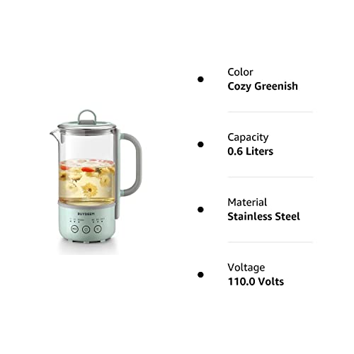 BUYDEEM K313 Travel Electric Kettle, Mini Healthy-Care Beverage Kettle, Tea Maker with German Schott Glass & Durable Pro 18/10 Pro Stainless Steel, 0.6L, Cozy Greenish
