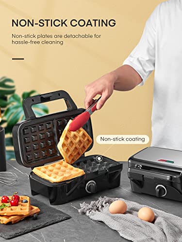 FOHERE Waffle Maker 3 in 1 Sandwich Maker 1200W Panini Press With Removable Plates and 5-gear Temperature Control, Non-stick Coating Easy to Clean,Indicator Lights, Silver/Black