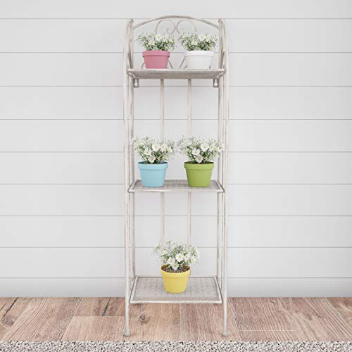 Pure Garden Plant Stand β 3-Tier Vertical Shelf Indoor or Outdoor Folding Wrought Iron Home Garden Display with Laser Cut Shelves (Antique White)