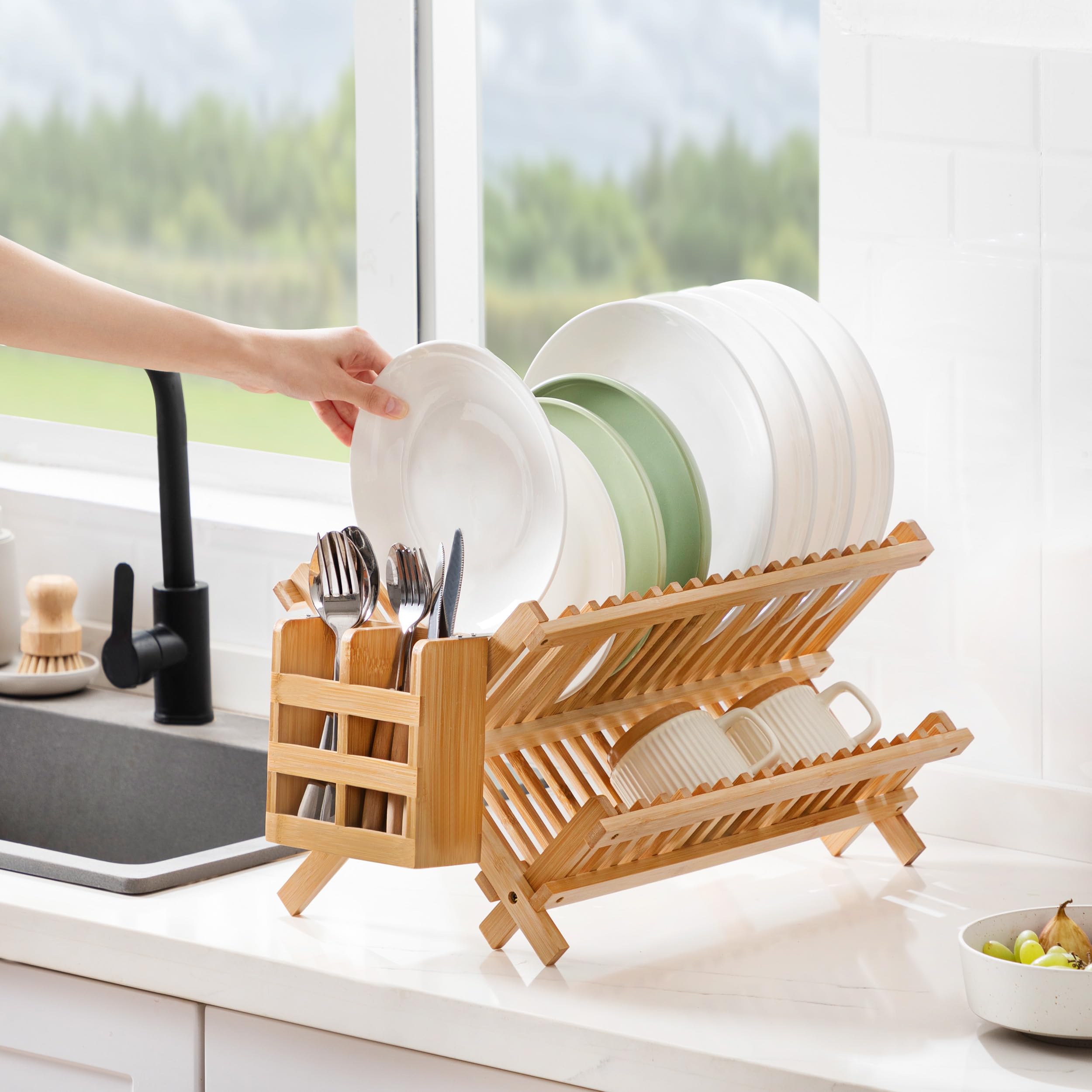 Oyydecor Bamboo Dish Drying Rack with Utensil Holder, 2 Tier Collapsible Dish Rack for Kitchen Counter, Large Folding Drying Holder, Dish Drainer, Kitchen Organizers and Storage
