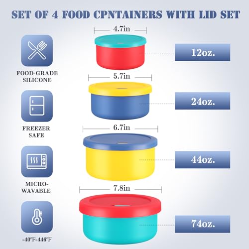 Silicone Food Containers with Lids,Set of 4 Airtight Food Storage Containers for Lunch,Meal Prep&Storage,Premium BPA-FREE Silicone Lunch Containers Lunch Box,Leak Proof,Microwavable and Freezer Safe