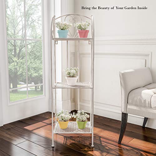 Pure Garden Plant Stand β 3-Tier Vertical Shelf Indoor or Outdoor Folding Wrought Iron Home Garden Display with Laser Cut Shelves (Antique White)