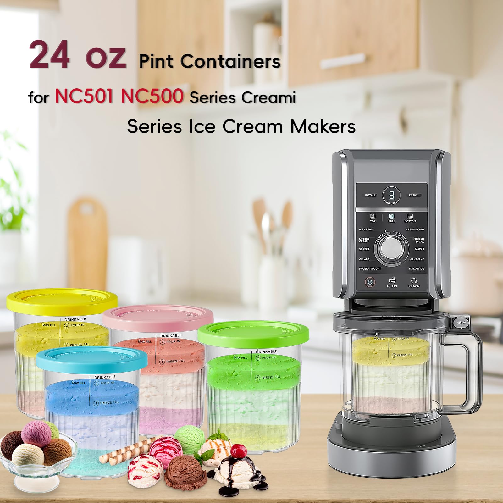 Creami Pints and Lids - 4 pack for Ninja Creami Deluxe 11-in-1, 24oz Ice Cream Containers Cups Compatible with NC500 NC501 Series Ice Cream Maker, Replacement Pints Containers Dishwasher Safe BPA-Free
