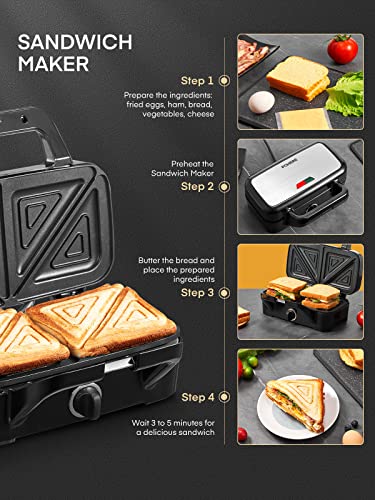 FOHERE Waffle Maker 3 in 1 Sandwich Maker 1200W Panini Press With Removable Plates and 5-gear Temperature Control, Non-stick Coating Easy to Clean,Indicator Lights, Silver/Black