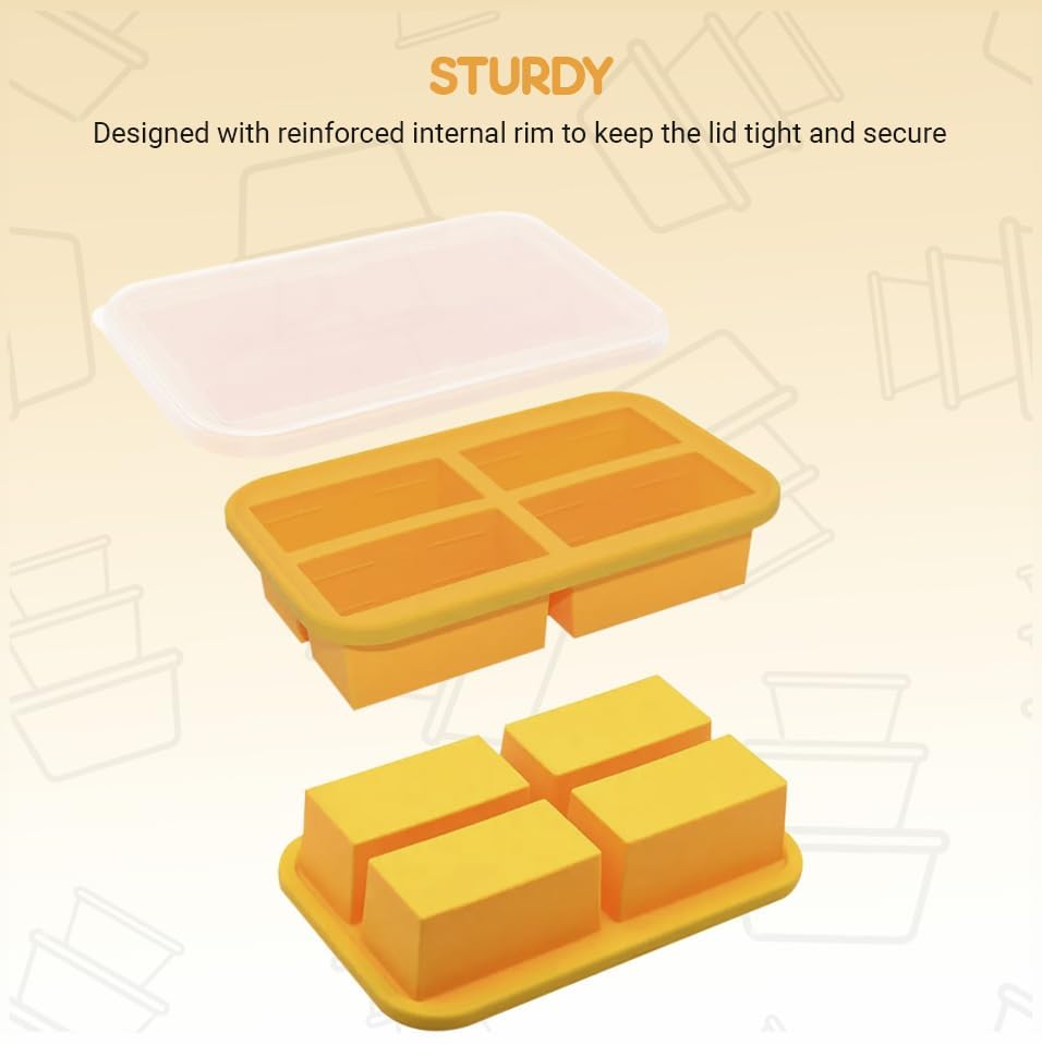 1-Cup Silicone Freezer Tray with Lid, Soup Freezer Molds, Ice Cube Tray, Silicone Container for Freezing Soup and Food - Makes 4 Perfect 1 Cup Portions, BPA Free (2-Pack)