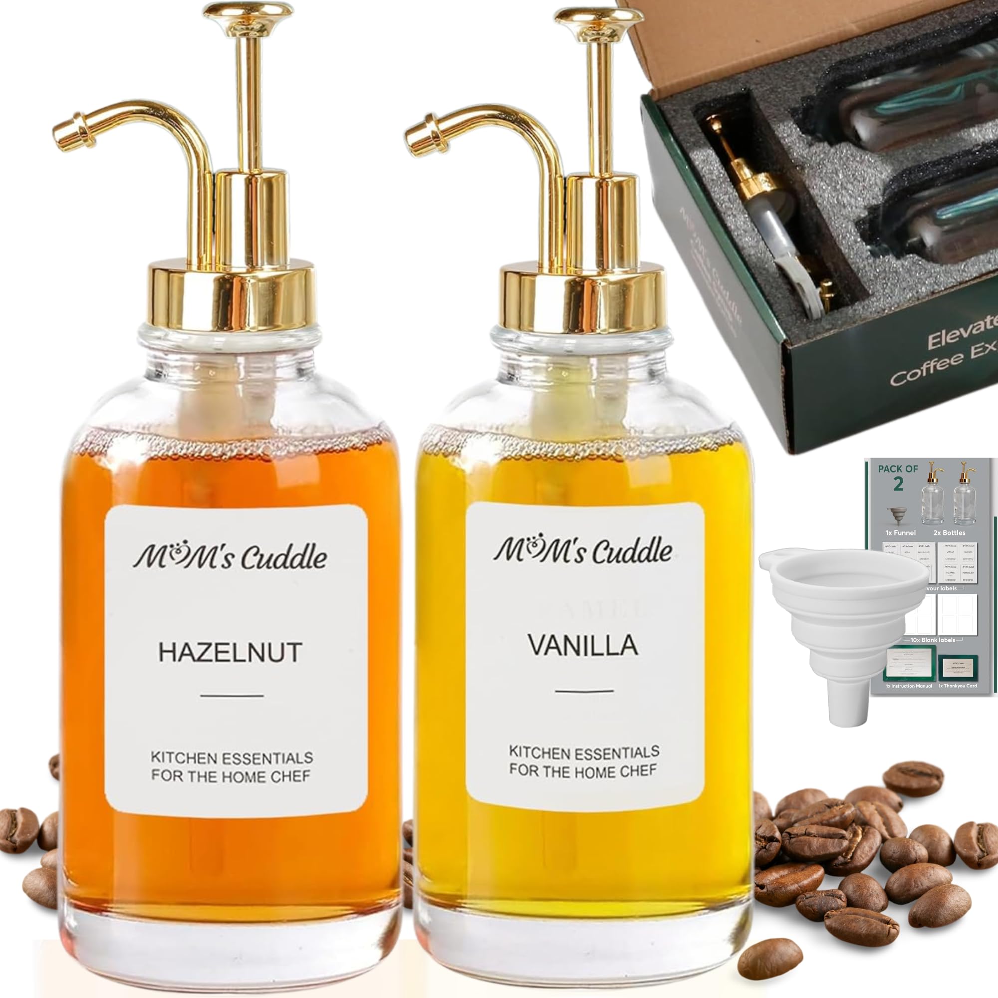 Glass Syrup Dispenser for Coffee Bar - No Leak, 16.9 Oz (500ml), Golden Pump, Easy-to-Use, Coffee Syrup Dispenser with 20 Labels & Silicone Funnel, Premium Quality & Durable – Pack of 2