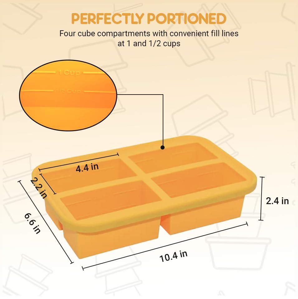 1-Cup Silicone Freezer Tray with Lid, Soup Freezer Molds, Ice Cube Tray, Silicone Container for Freezing Soup and Food - Makes 4 Perfect 1 Cup Portions, BPA Free (2-Pack)