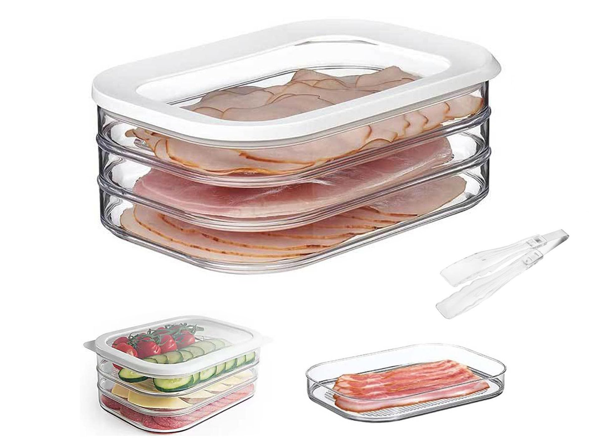 Nagyphgar Deli Meat Container for Fridge, Cold Cuts Container with Food Clip, Bacon Lunch Meat Container for Refrigerator, Stackable Food Storage Boxes with Lid, Cheese Storage Container, BPA Free