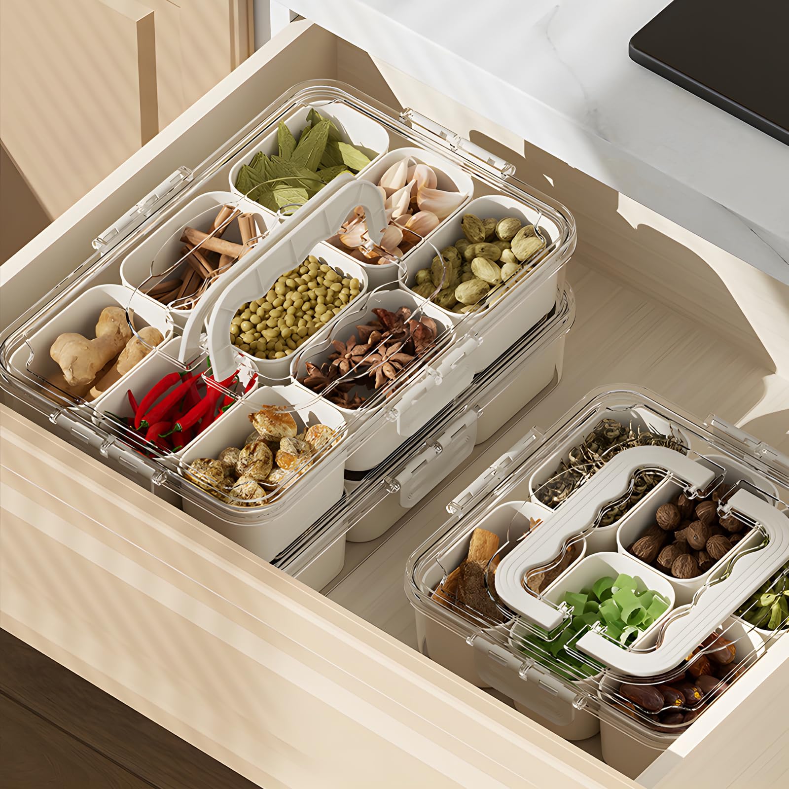 Divided Veggie Tray with Lid and Handle 9 Compartment Serving Tray with Dividers Portable Travel Snack Containers Stackable Snackle Box Charcuterie Container for Fruit,Vegetable,Salad (9 Containers)