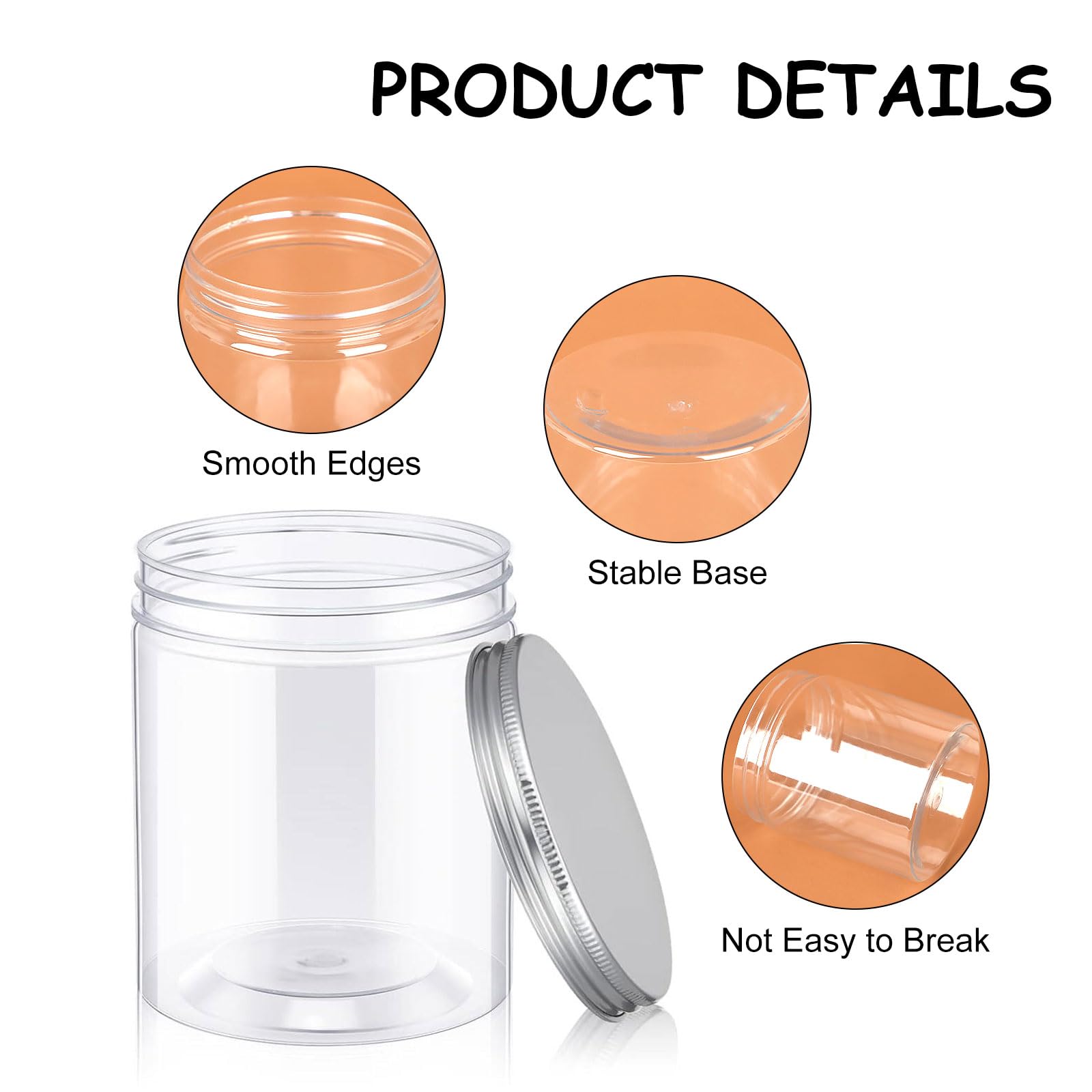 HDFCLUP 11 Pcs 16 oz Silver Plastic Jars with Ribbed Lids Wide Mouth Food Plastic Jars Airtight Paint Storage Containers for Beauty Products,Kitchen & Household Storage (Silver Lids)