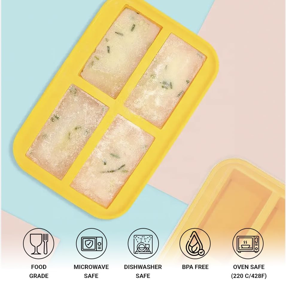 1-Cup Silicone Freezer Tray with Lid, Soup Freezer Molds, Ice Cube Tray, Silicone Container for Freezing Soup and Food - Makes 4 Perfect 1 Cup Portions, BPA Free (2-Pack)