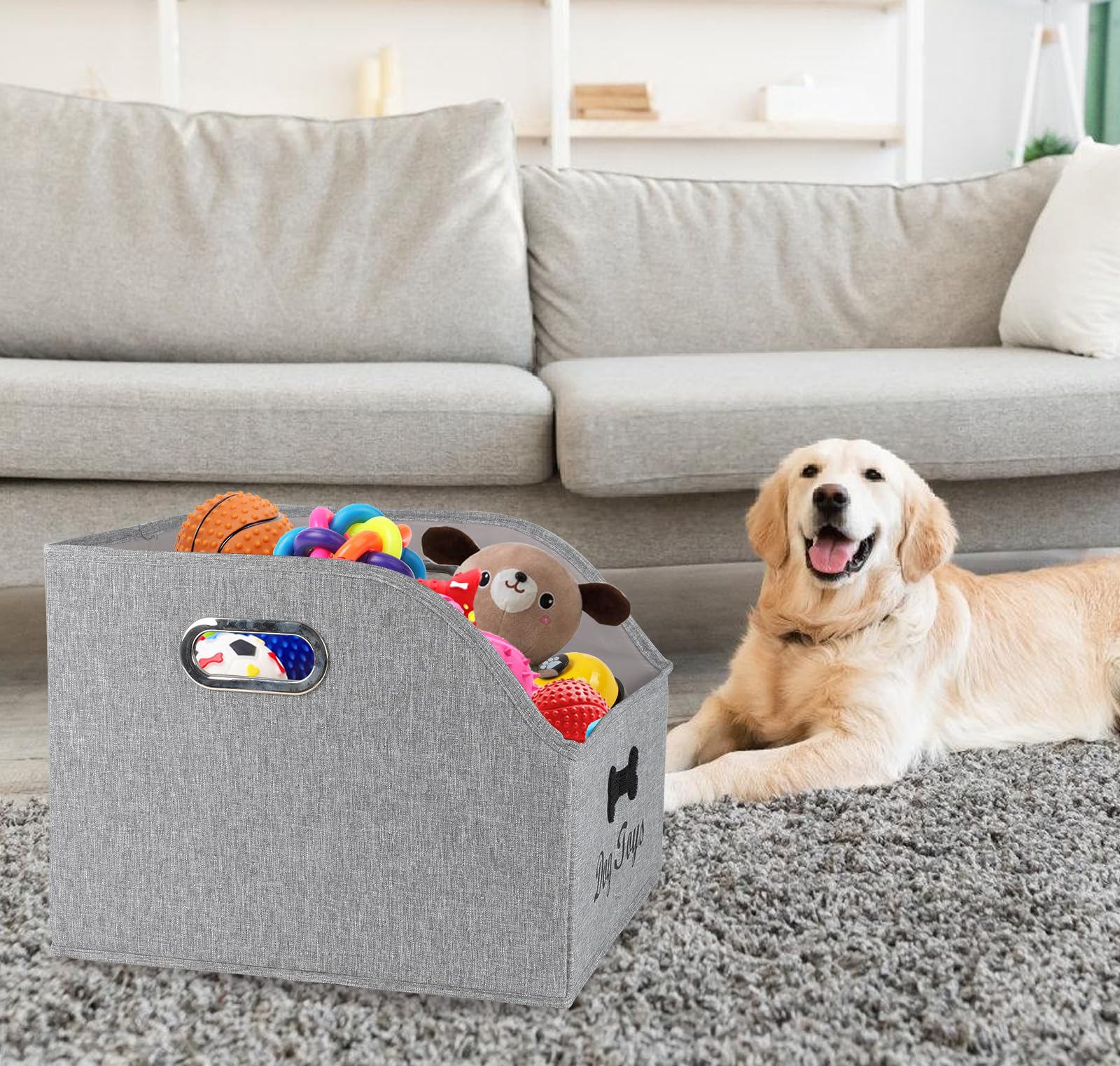 Geyecete Big Dog Toys Storage Bins Canvas Foldable Fabric Trapezoid with metal handles pet Baskets,Can be Personalized,Storage Bin Large toy box Organizer-Snow Gray