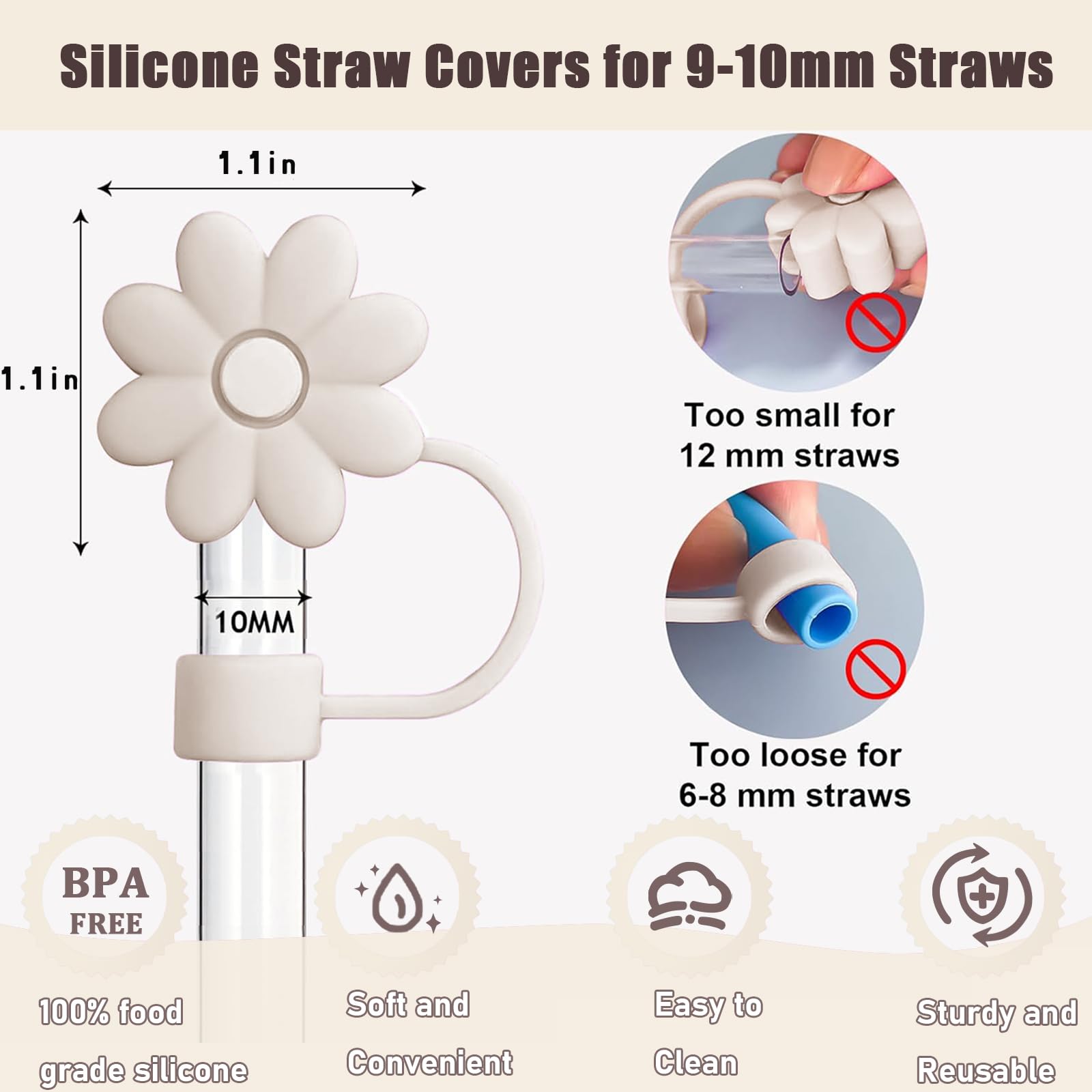 SEMATA Flower Straw Covers Toppers for Stanley Cups 30&40 Oz Tumbler with Handle Accessories 4PCS Silicone Straw Caps Reusable Straw Tips Protectors for Stanley Cup 10mm 0.4in Straws,Off White