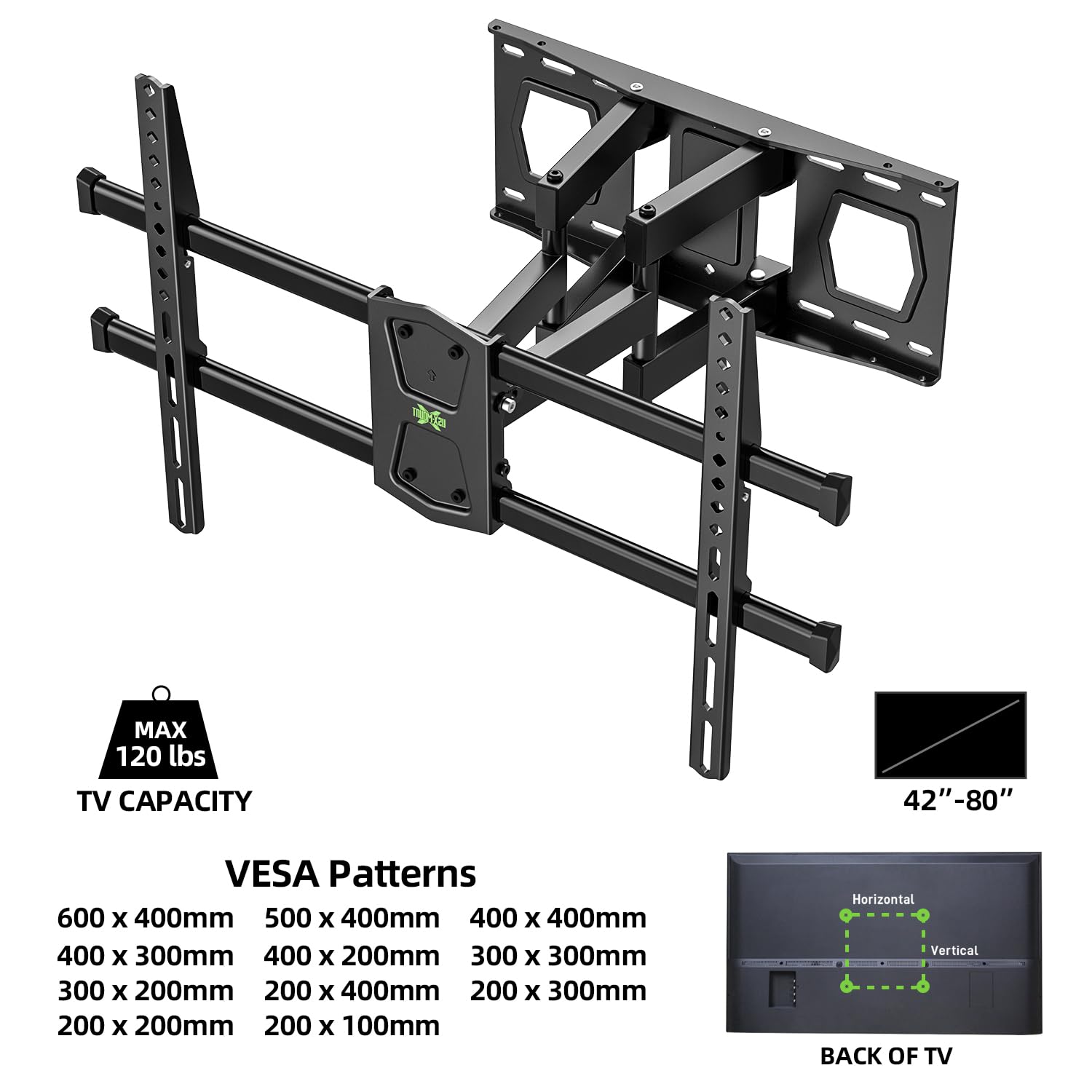 USX MOUNT Full Motion TV Wall Mount for 42"-80" TVs, Swivel and Tilt TV Mount , Wall Mount TV Bracket with Articulating 6 Arms, Max VESA 600x400mm, 110 lbs, 16" Wood Studs with Wall Drilling Template