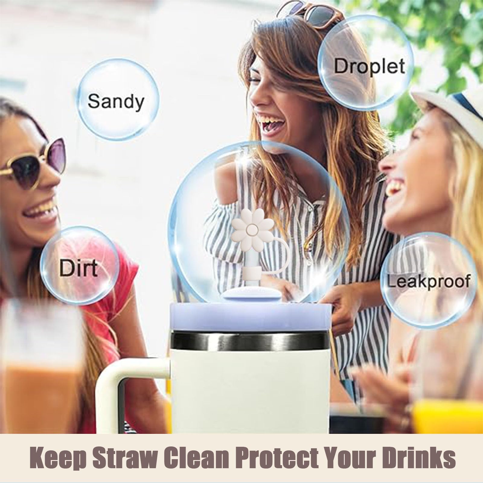 SEMATA Flower Straw Covers Toppers for Stanley Cups 30&40 Oz Tumbler with Handle Accessories 4PCS Silicone Straw Caps Reusable Straw Tips Protectors for Stanley Cup 10mm 0.4in Straws,Off White