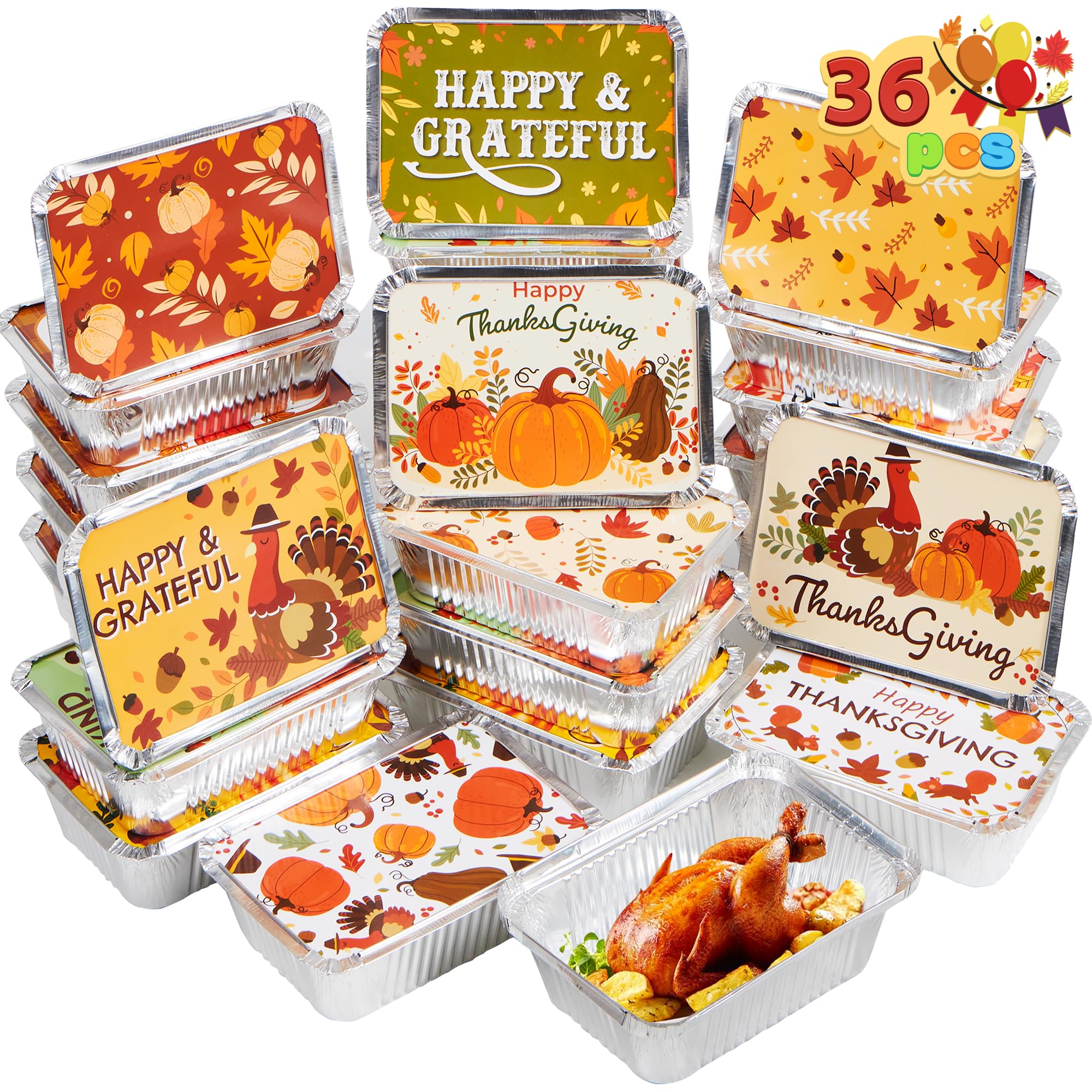 JOYIN 36Pcs Thanksgiving Leftover Containers with Lids, Fall Festive To Go Food Containers, Thanksgiving Tin Foil Containers for Party Leftovers & To-Go Meals, Thanksgiving Party Disposable Containers