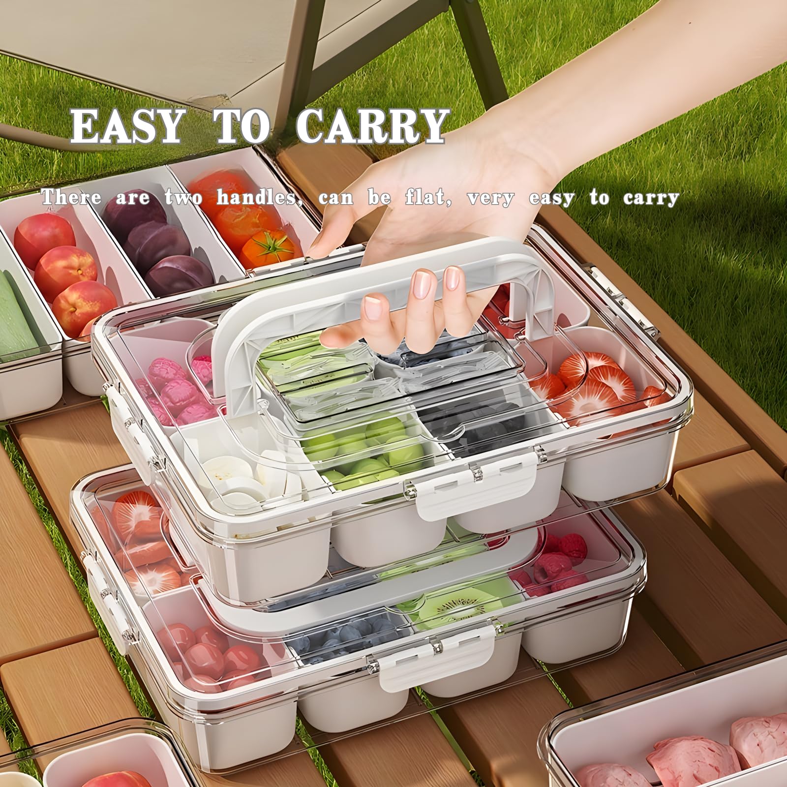 Snackle Portable Charcuterie Container, Upgraded Divided Serving Tray With Lid and Handle, Disposable Fork and Spoon Storage Box for Party, Travel, Kitchen Seasoning Organizer