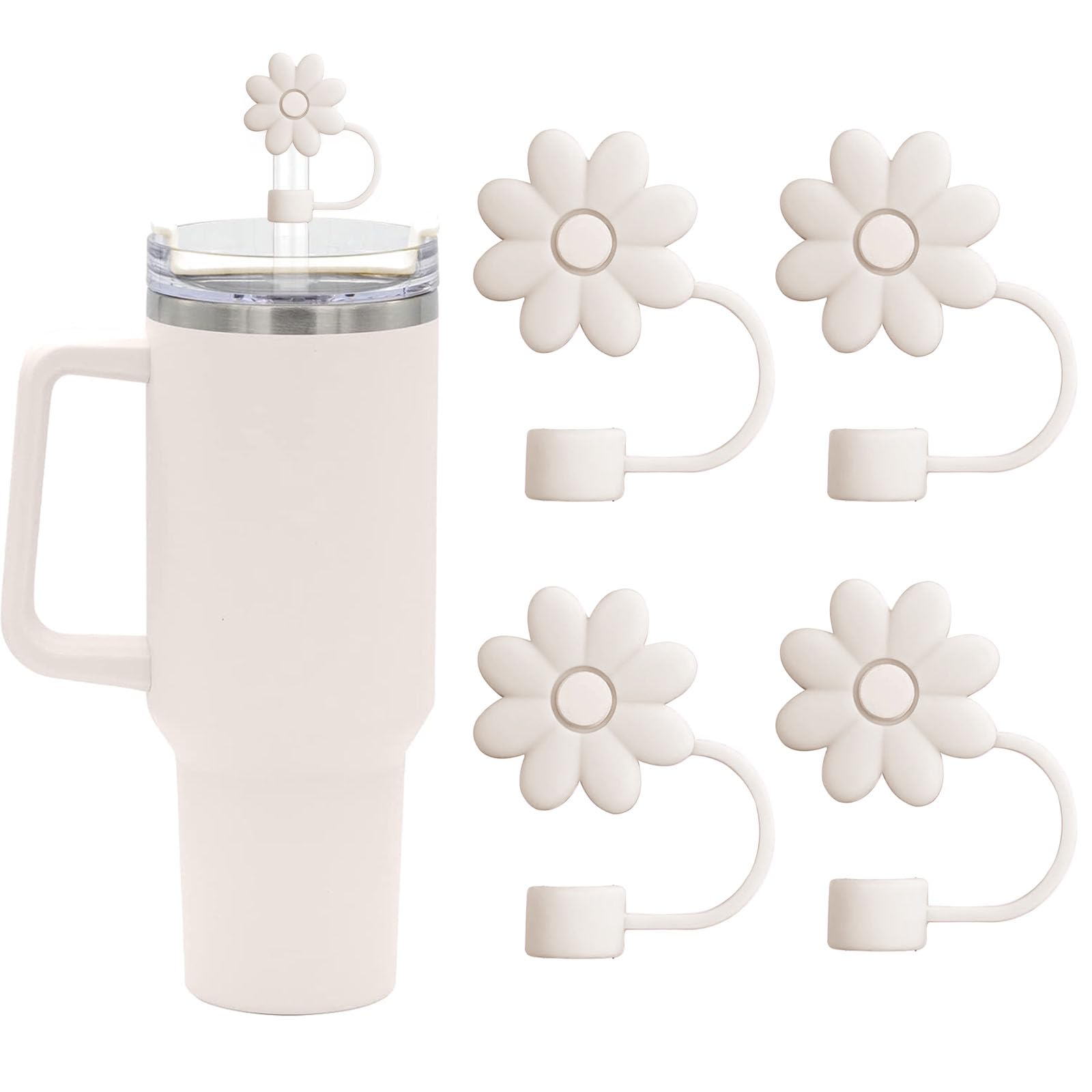 SEMATA Flower Straw Covers Toppers for Stanley Cups 30&40 Oz Tumbler with Handle Accessories 4PCS Silicone Straw Caps Reusable Straw Tips Protectors for Stanley Cup 10mm 0.4in Straws,Off White
