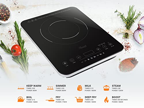 Rosewill Portable Induction Cooktop Burner, 1800W, 8 Cooking Modes, 10 Power/Temp Levels, Touch Panel, LED Display, Timer, Auto Shut-Off, Child Safety Lock, Includes Stainless Steel Pot (RHAI-21001)