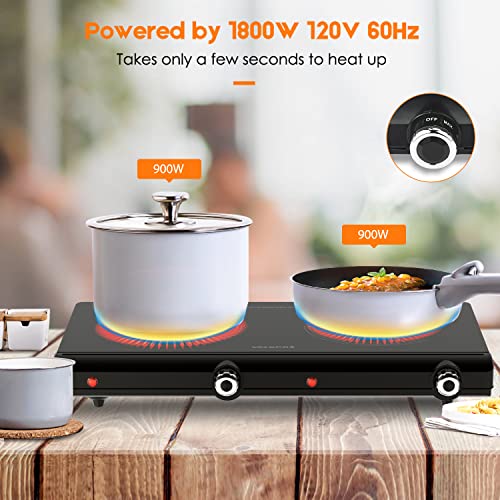 Electric Hot Plate for Cooking, Infrared Double Burner,1800W Portable Electric Stove,Heat-up In Seconds,Countertop Cooktop for Dorm Office Home Camp, Compatible with All Cookware