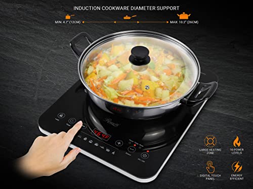 Rosewill Portable Induction Cooktop Burner, 1800W, 8 Cooking Modes, 10 Power/Temp Levels, Touch Panel, LED Display, Timer, Auto Shut-Off, Child Safety Lock, Includes Stainless Steel Pot (RHAI-21001)