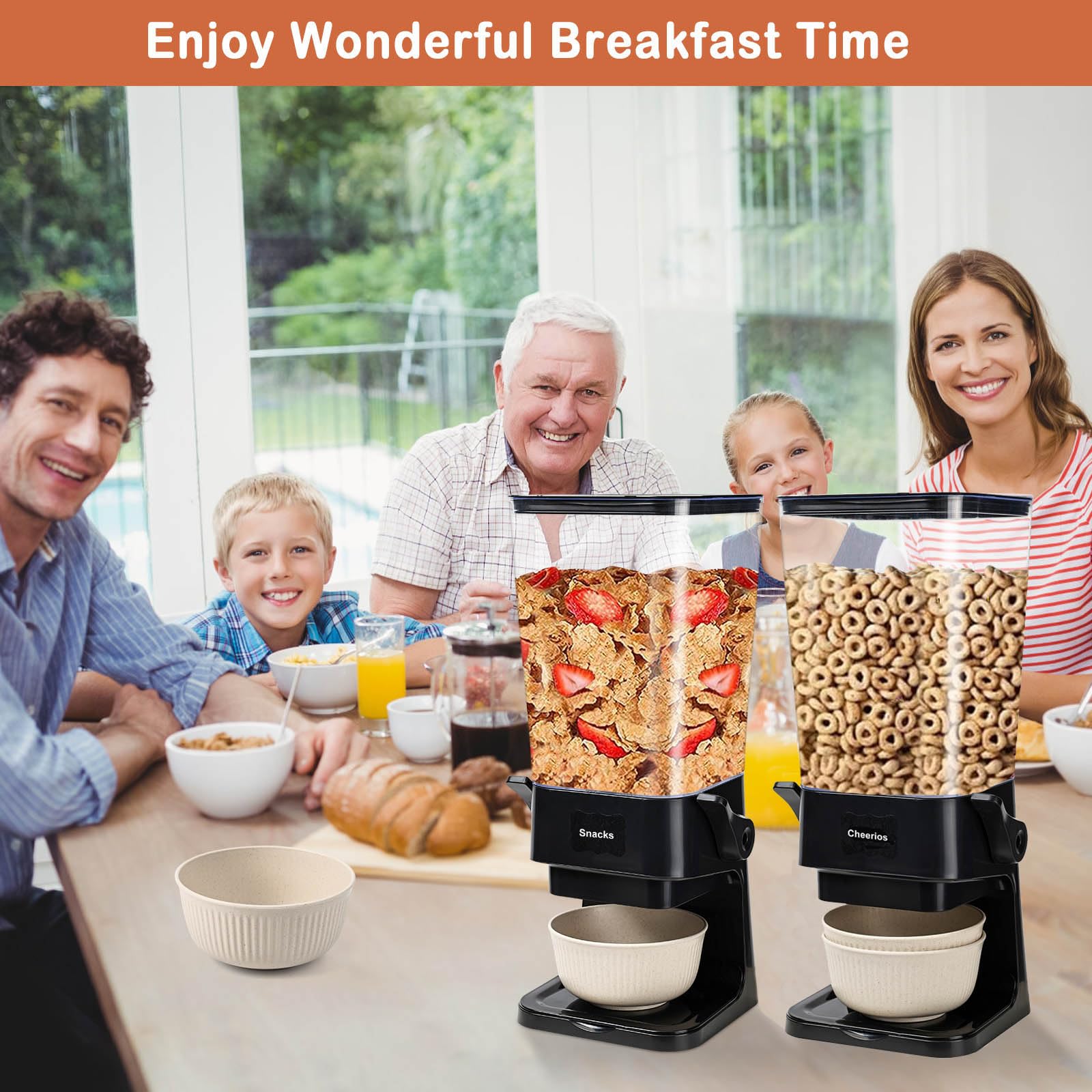 Qozzix Cereal Dispenser Countertop with Cereal Bowls,16 Labels & Pen, Cereal Containers Storage, Candy Dispenser, Dry Food Dispenser For Pantry - Not Easy to Crush Food (Black, 2 Pack)
