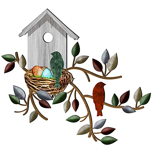 Birds Wall Decor Metal Tree with Birdhouse Wall Art Hanging Outdoor Wall Art Metal Wall Art for Living Room Leaf Wall Decor Metal Tree Wall Decor for Indoor Outdoor Garden Yard Park Accent (White)
