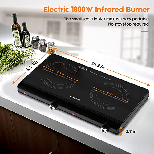 Electric Hot Plate for Cooking, Infrared Double Burner,1800W Portable Electric Stove,Heat-up In Seconds,Countertop Cooktop for Dorm Office Home Camp, Compatible with All Cookware