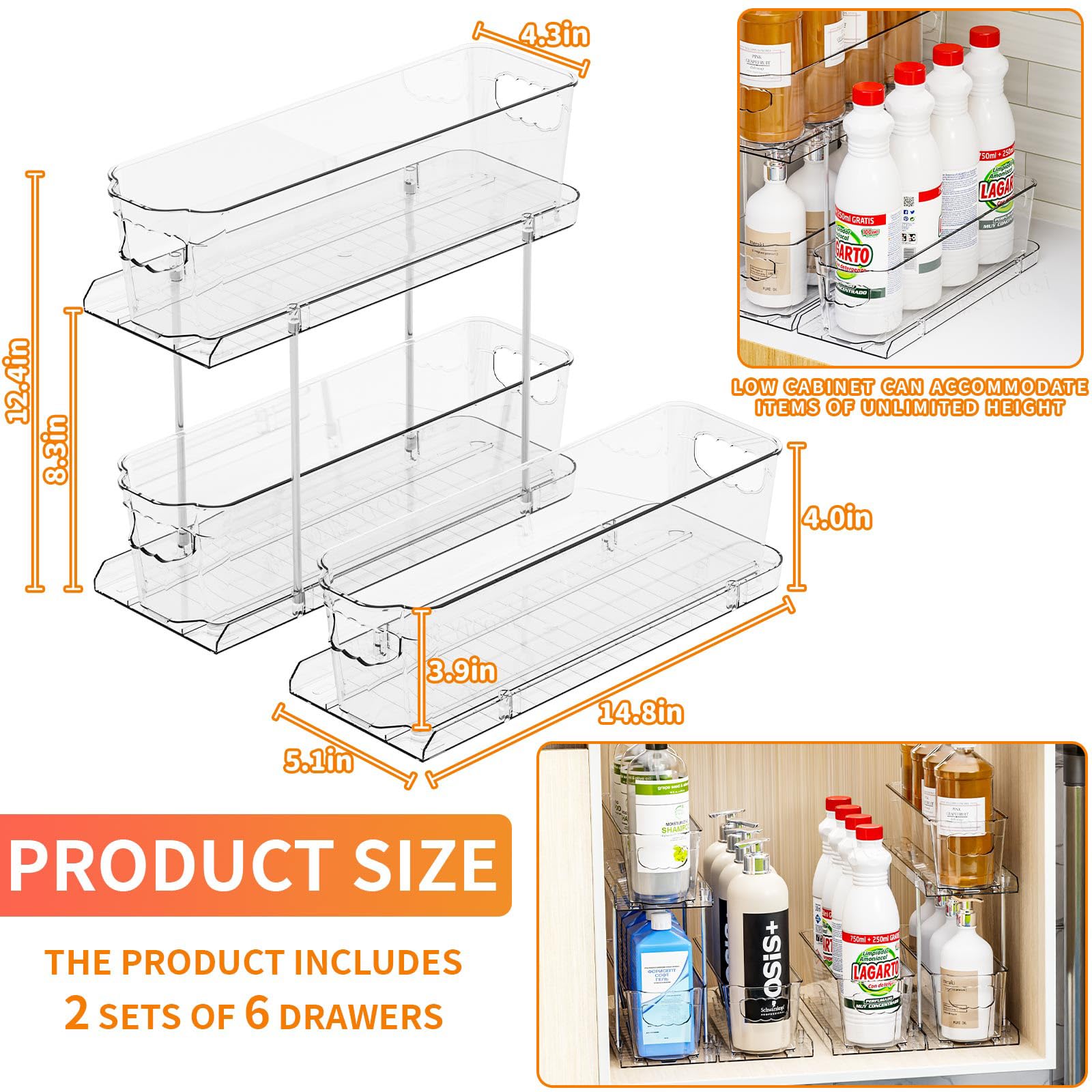 14.8" Deep 2 Set 2 Tier Under Sink Organizers and Storage,5.1” Narrow Pull Out Bathroom Cabinet Organizer for Kitchen,Pantry Organizer,Cleaning Products Organizer and Medicine Cabinet Storage,Clear