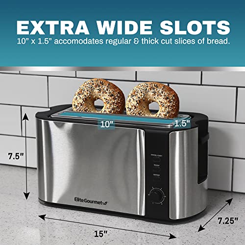 Elite Gourmet ECT-3100## Long Slot 4 Slice Toaster, Reheat, 6 Toast Settings, Defrost, Cancel Functions, Built-in Warming Rack, Extra Wide Slots for Bagels Waffles, Stainless Steel & Black