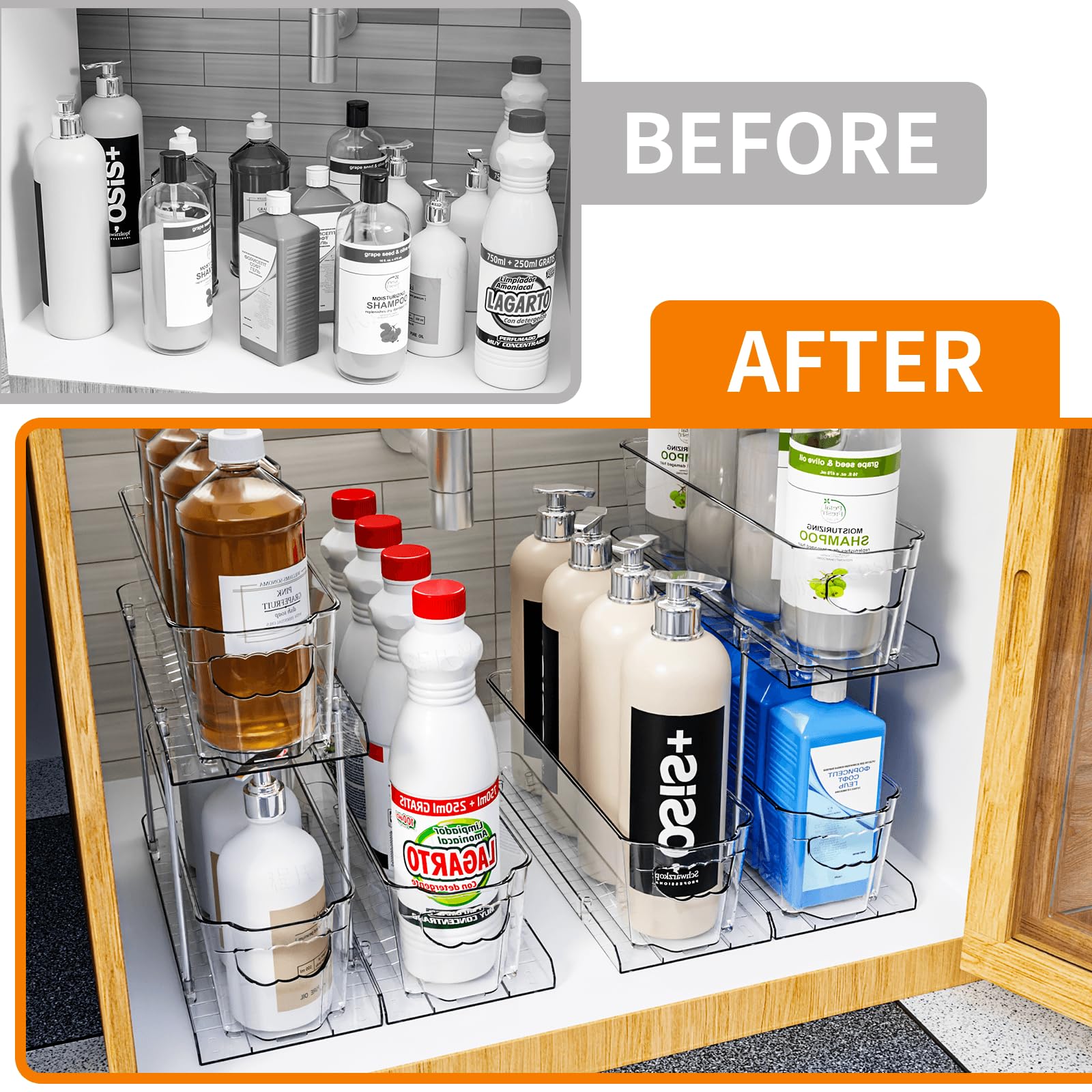 14.8" Deep 2 Set 2 Tier Under Sink Organizers and Storage,5.1” Narrow Pull Out Bathroom Cabinet Organizer for Kitchen,Pantry Organizer,Cleaning Products Organizer and Medicine Cabinet Storage,Clear